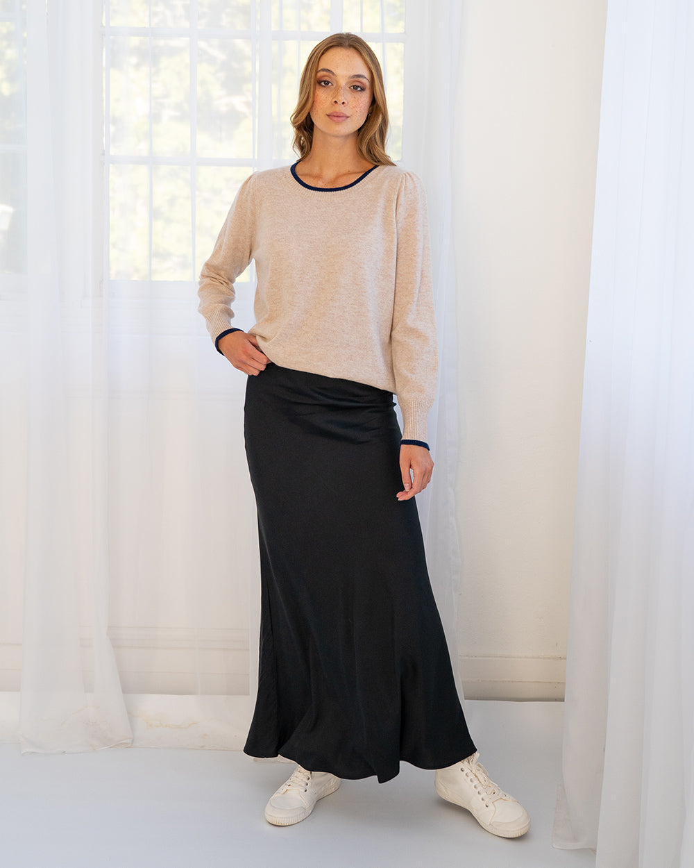 Arlington Milne Cashmere Cath Knit With Contrast - Blush/Navy – Escape